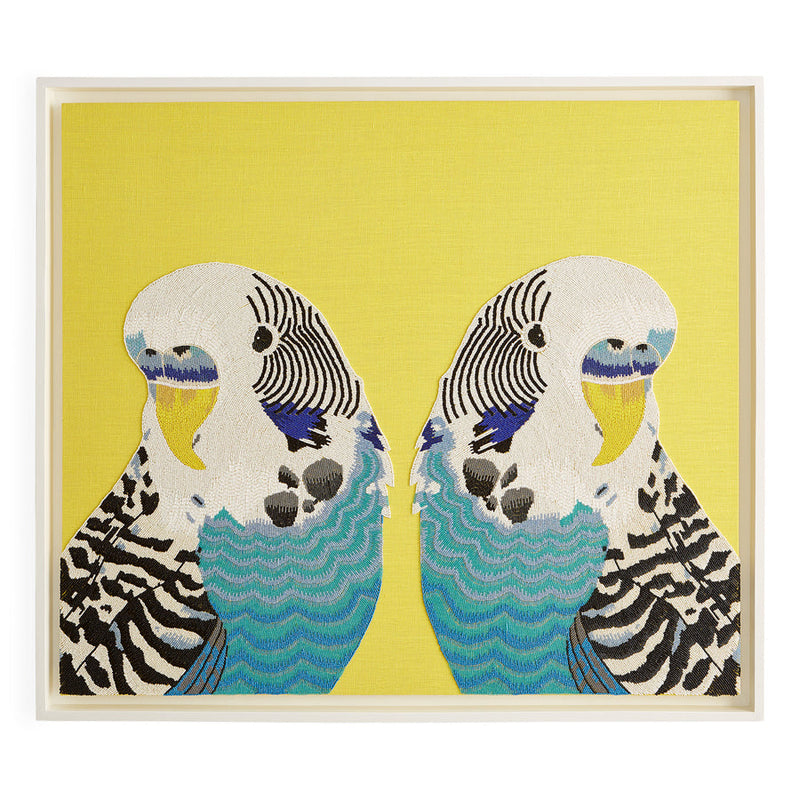 Yellow Linen Bird Beaded Art | Jonathan Adler Parakeet | Oroa